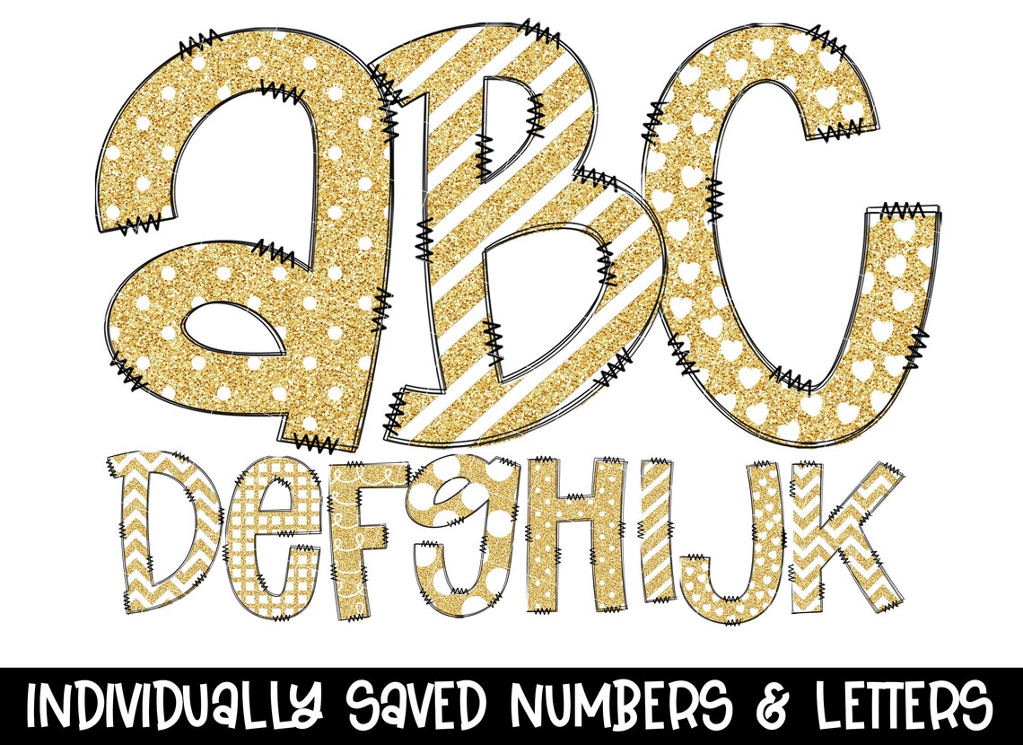 Doodle Letters Gold Glitter Alphabet Bundle PNG Pattern | Etsy