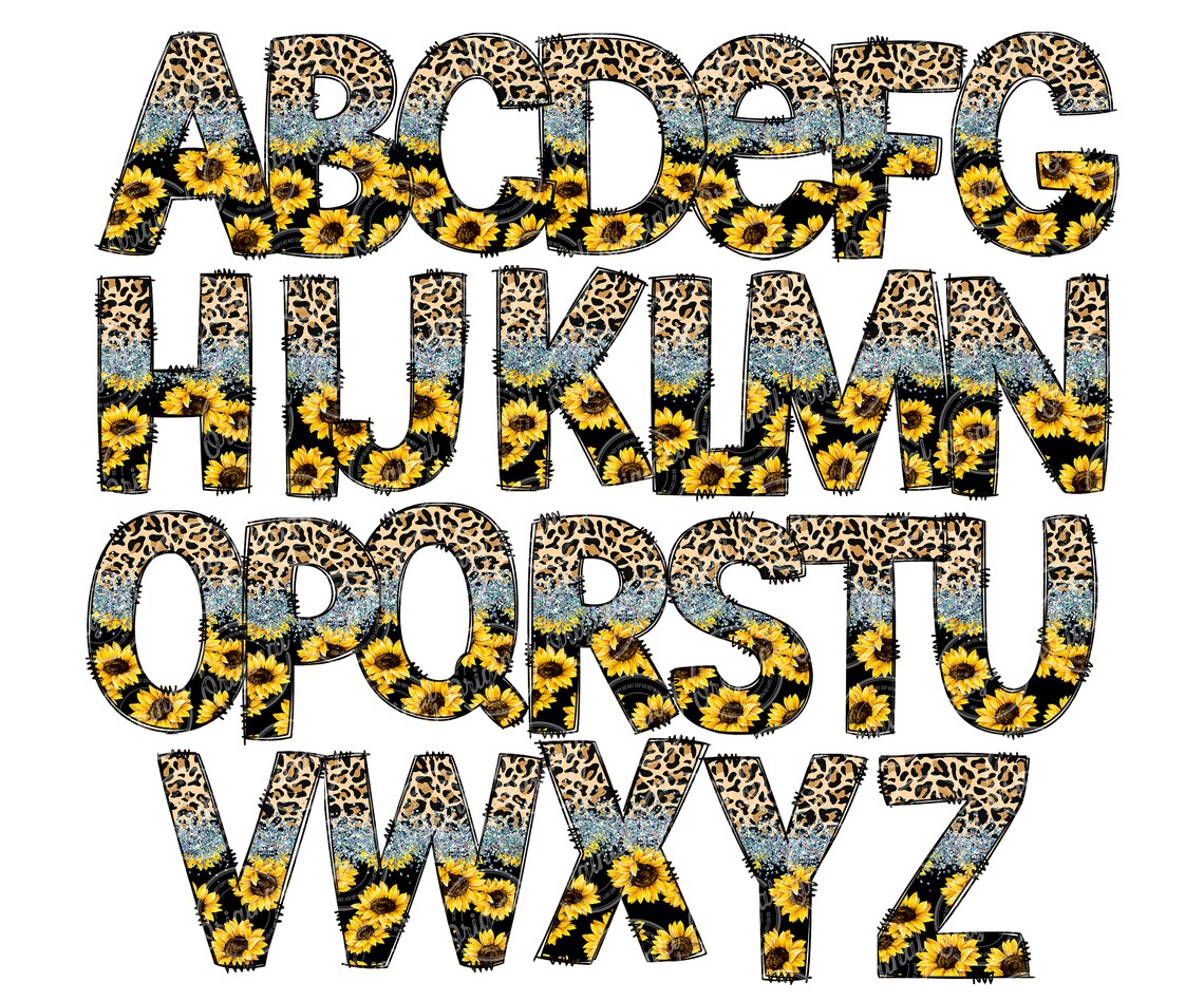 Doodle Font Leopard Sunflower Alphabet Set, Cheetah Doodle Letters, for ...