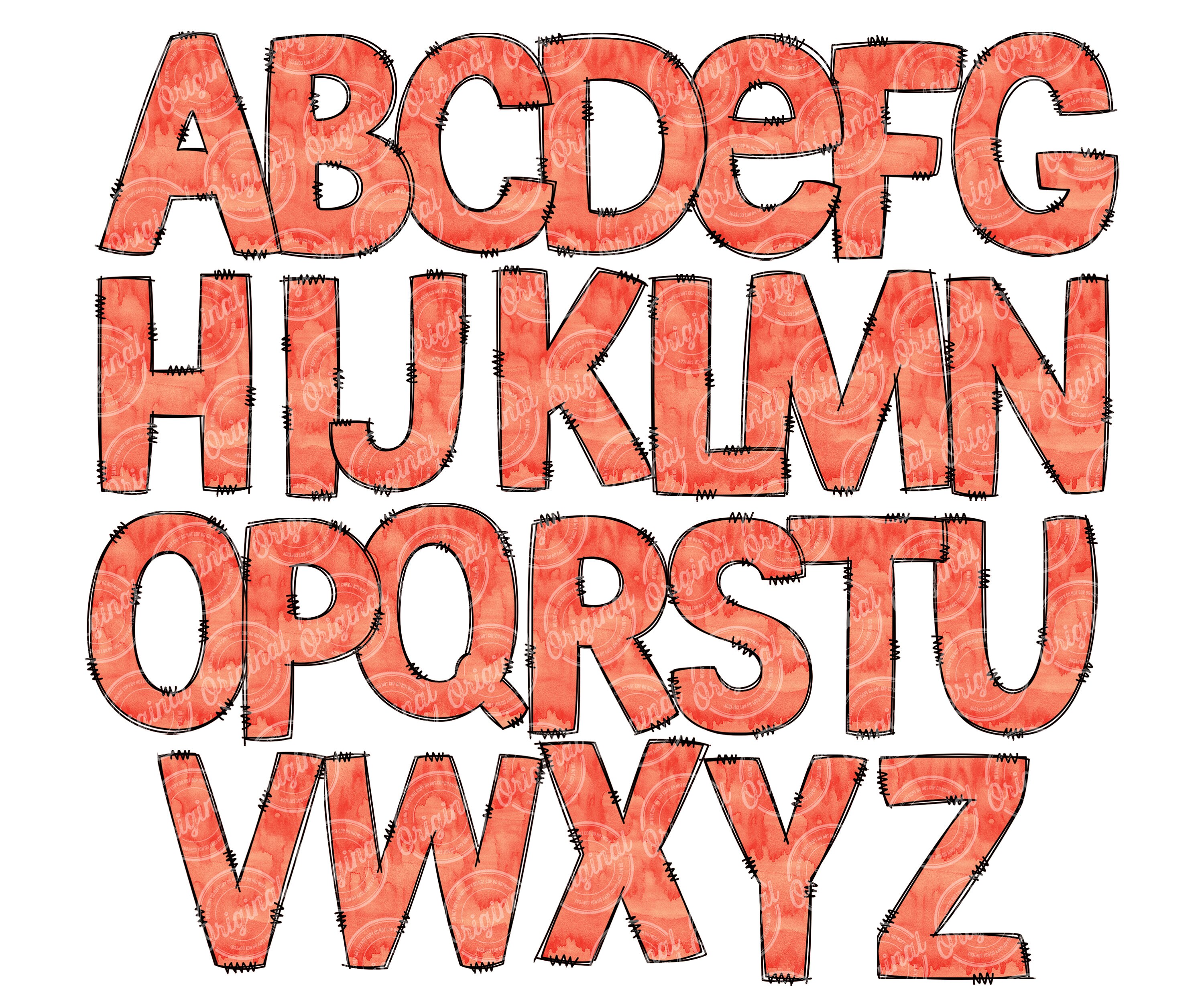 Orange Watercolor Doodle Font Letters & Numbers Commercial Use ...