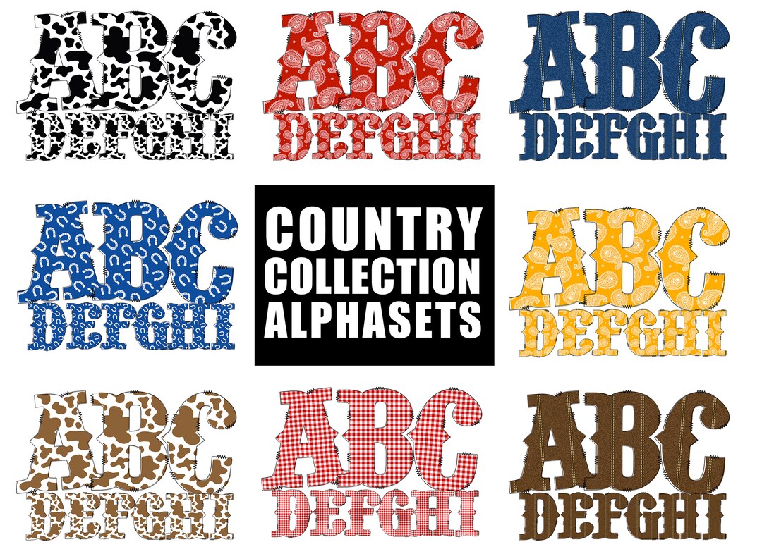 Country Alphaset Collection, Western Denim Doodle Letters, Cow Print ...