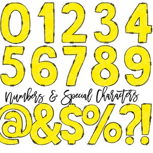 Bright Yellow Hand Drawn Doodle Alphabet Pack, Solid Color Faux Stitch ...