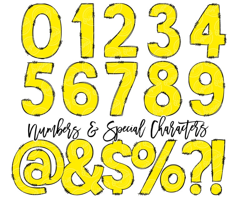 Bright Yellow Hand Drawn Doodle Alphabet Pack, Solid Color Faux Stitch ...