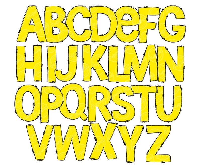 Bright Yellow Hand Drawn Doodle Alphabet Pack, Solid Color Faux Stitch ...