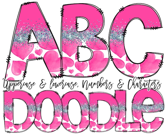 Doodle Font Valentines Day Watercolor Hearts Alphabet Set | Etsy