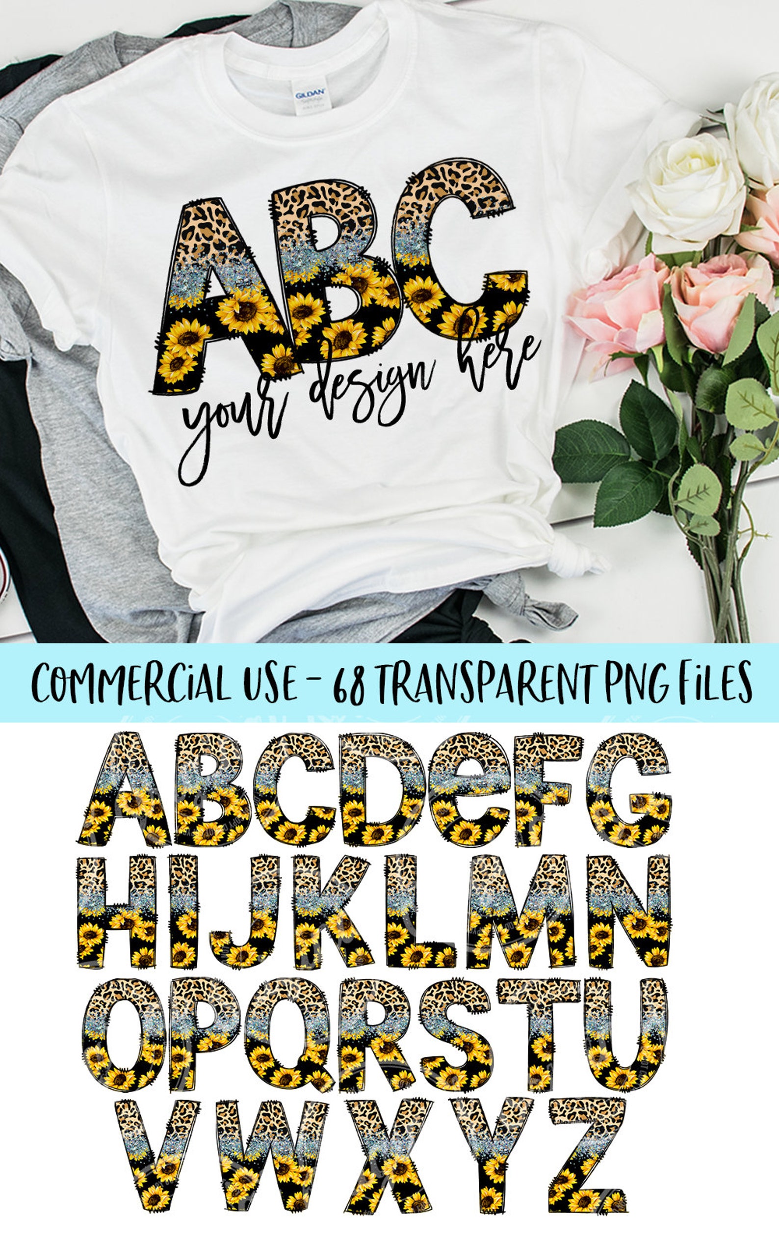 Doodle Font Leopard Sunflower Alphabet Set, Cheetah Doodle Letters, for ...