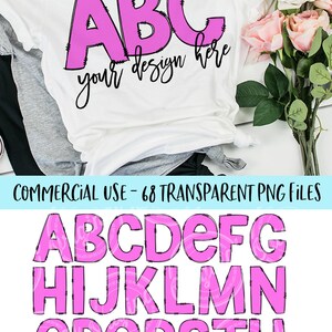 Fluro Pink Hand Drawn Doodle Alphabet Pack, Solid Color Faux Stitching ...