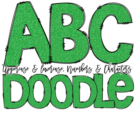 Doodle Font Green Glitter Alphabet Set Glitter Doodle | Etsy