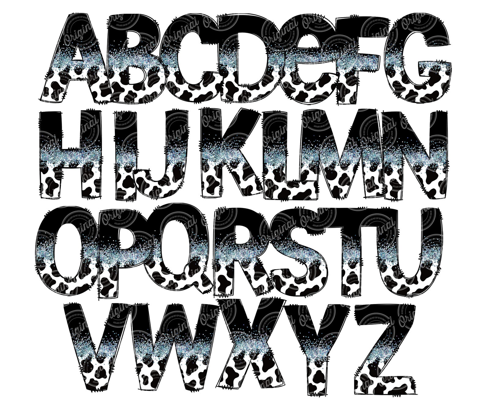Doodle Font Cow Print Half Glitter Doodle Letters, Cow Hide Western ...