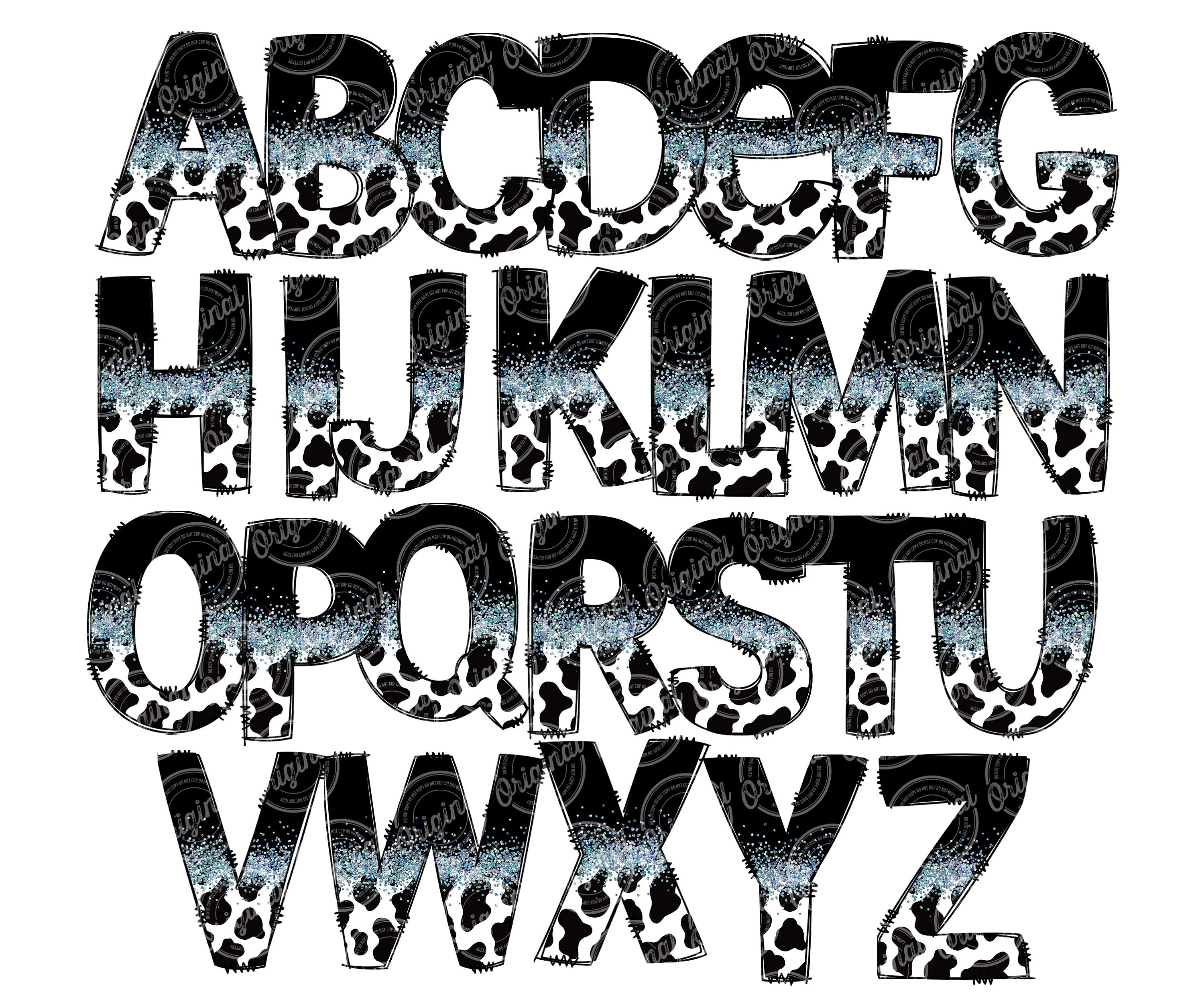 Doodle Font Cow Print Half Glitter Doodle Letters Cow Hide - Etsy