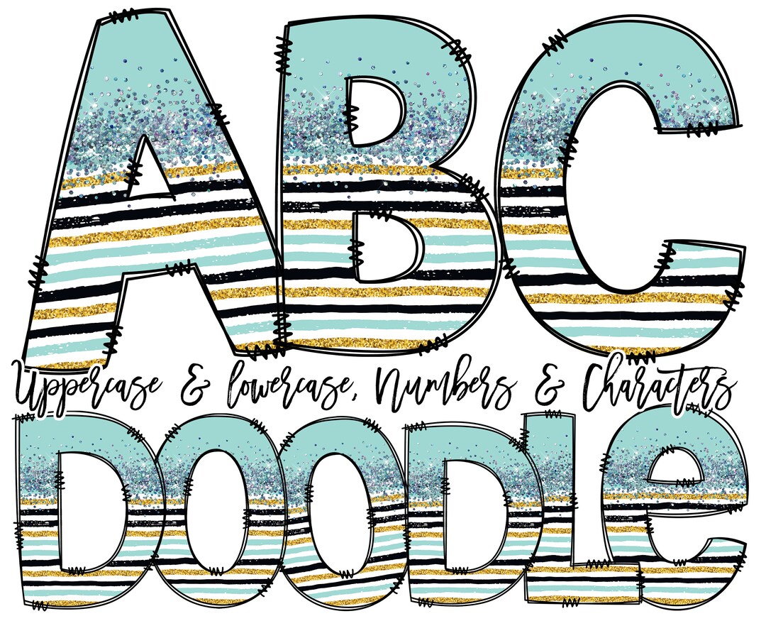 Doodle Font Striped Aqua Glitter, Doodle Letters PNG, Sublimation Png ...