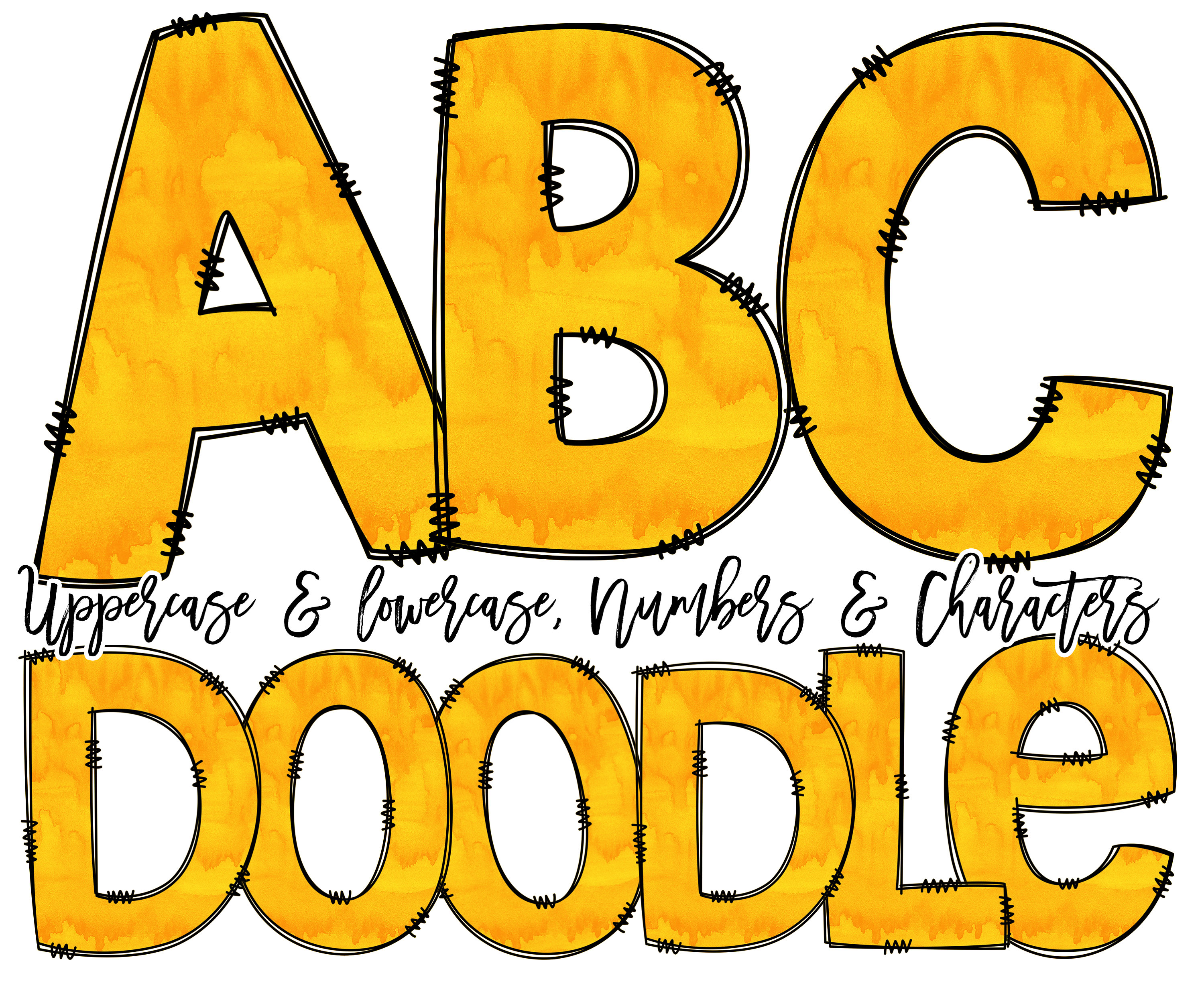 Dark Yellow Watercolor Doodle Font Letters & Numbers Commercial Use ...