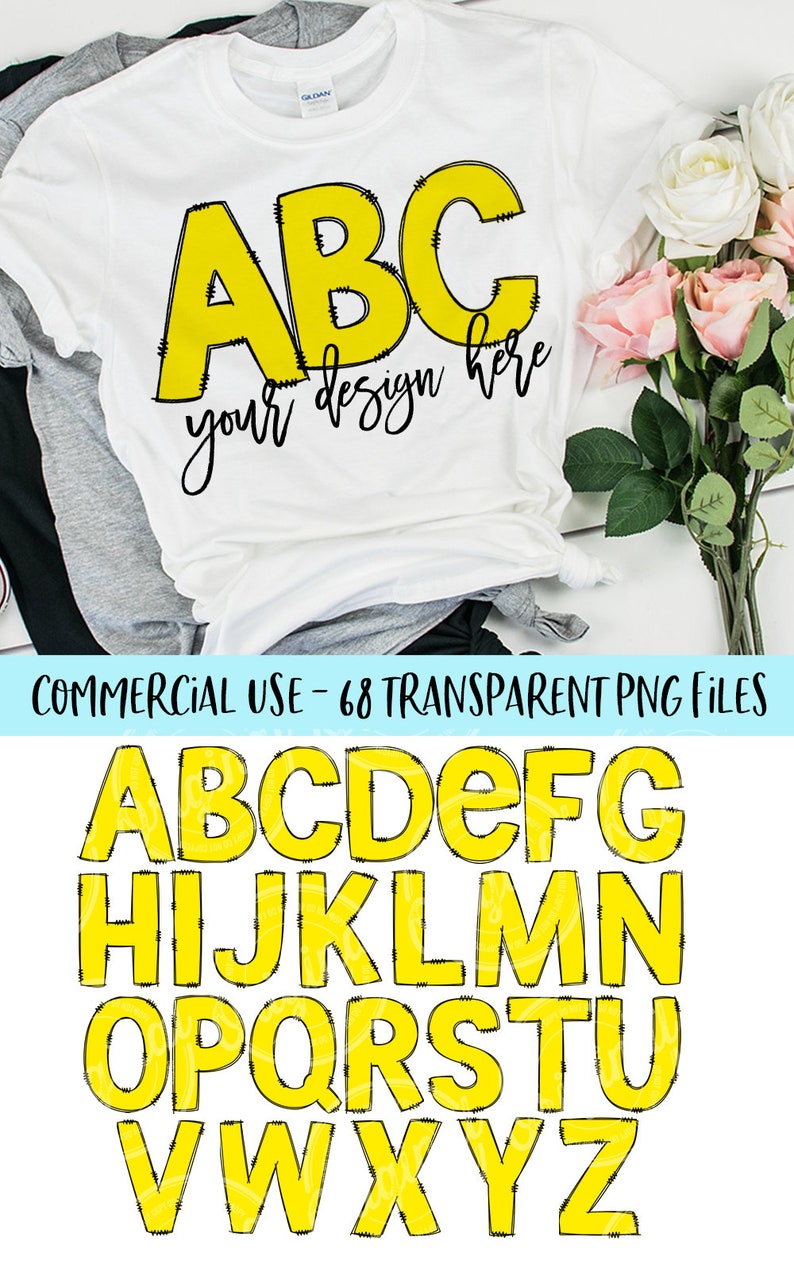 Bright Yellow Hand Drawn Doodle Alphabet Pack, Solid Color Faux Stitch ...