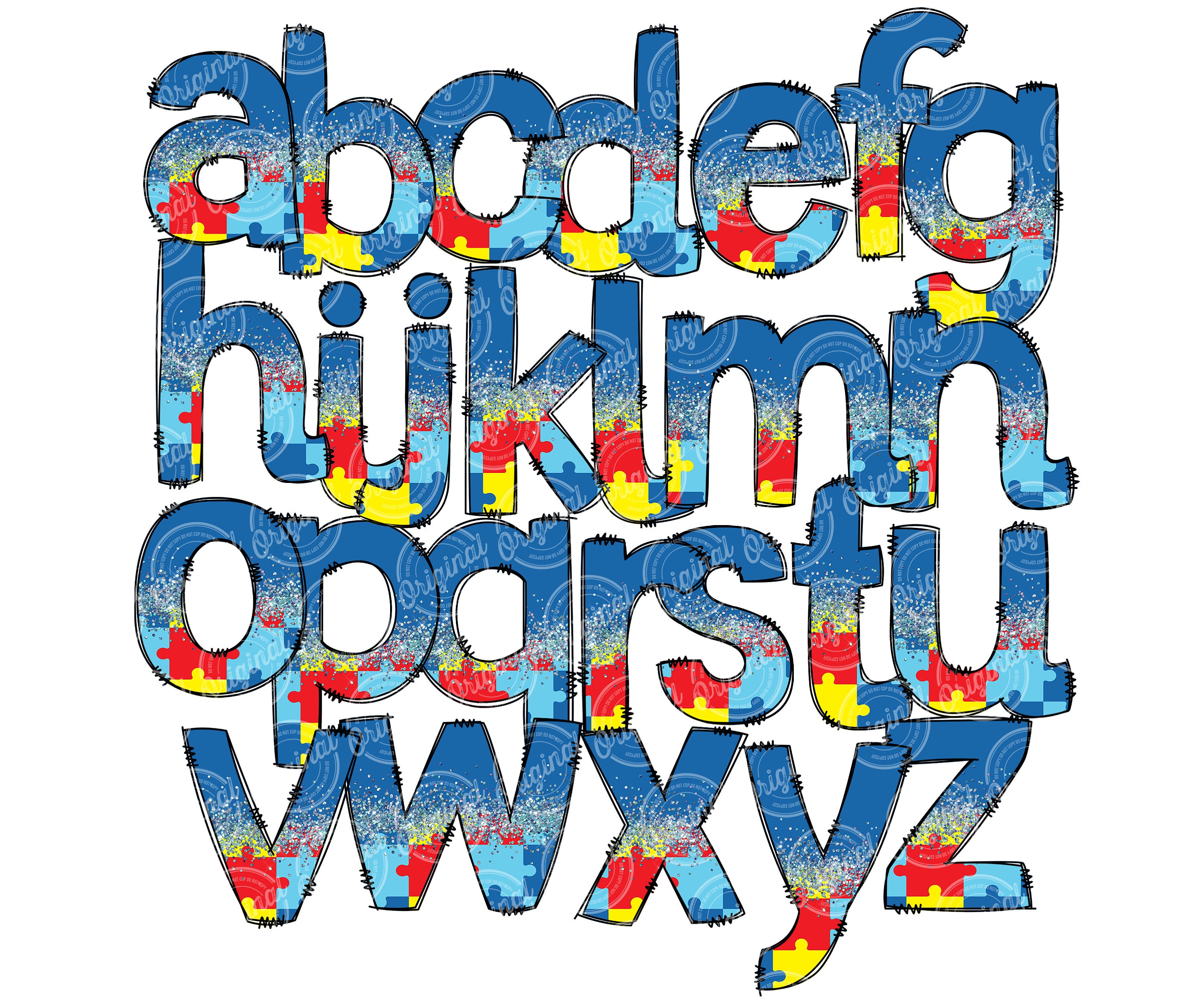 Doodle Font Autism Half Glitter Doodle Letters PNG - Etsy