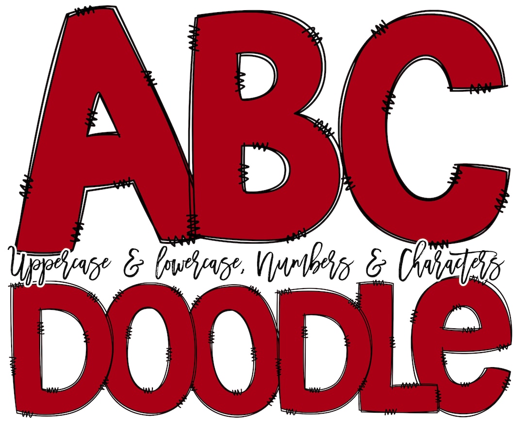 Dark Red Hand Drawn Doodle Alphabet Pack, Solid Color Faux Stitching ...