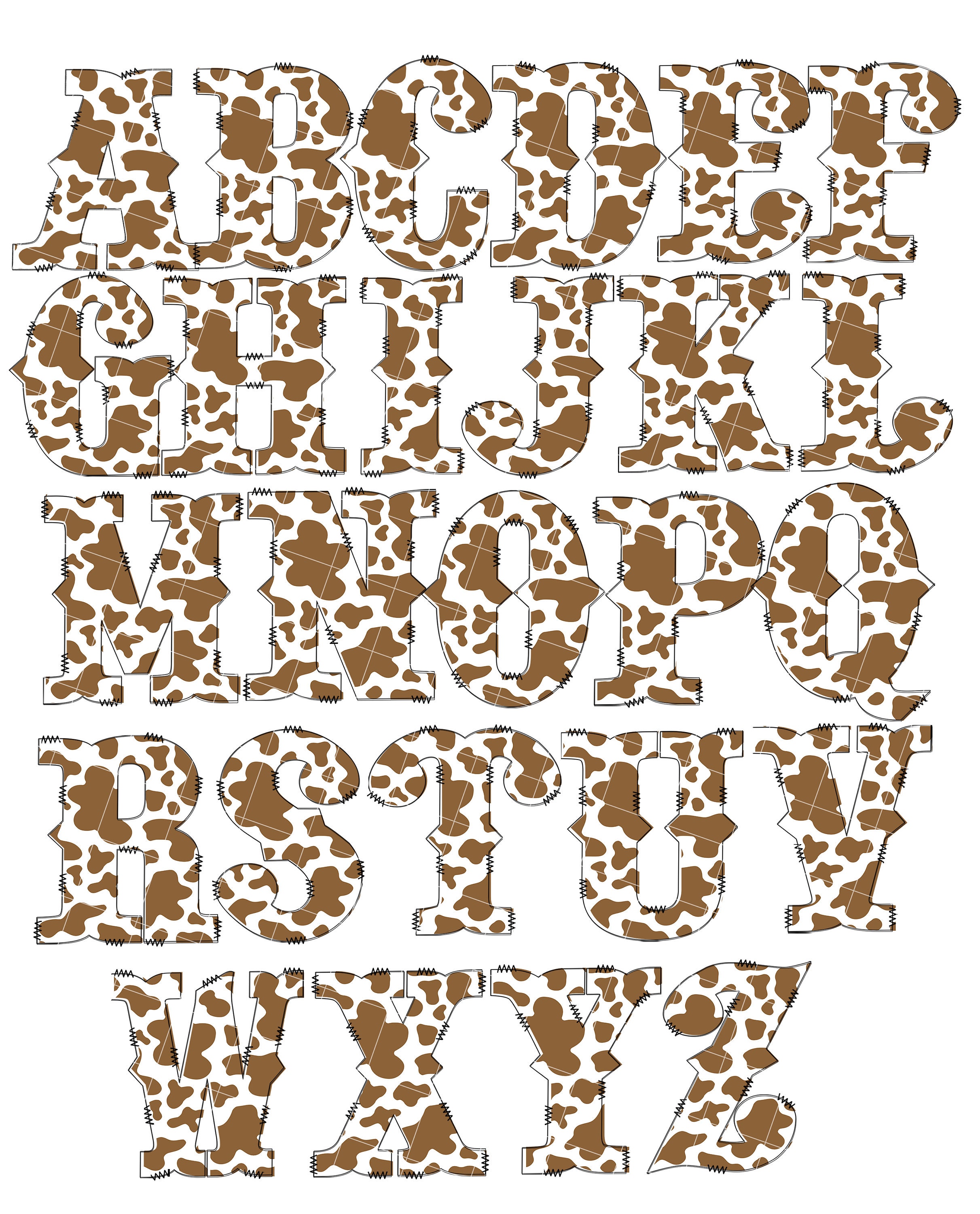 Country Alphaset Collection, Western Denim Doodle Letters, Cow Print ...