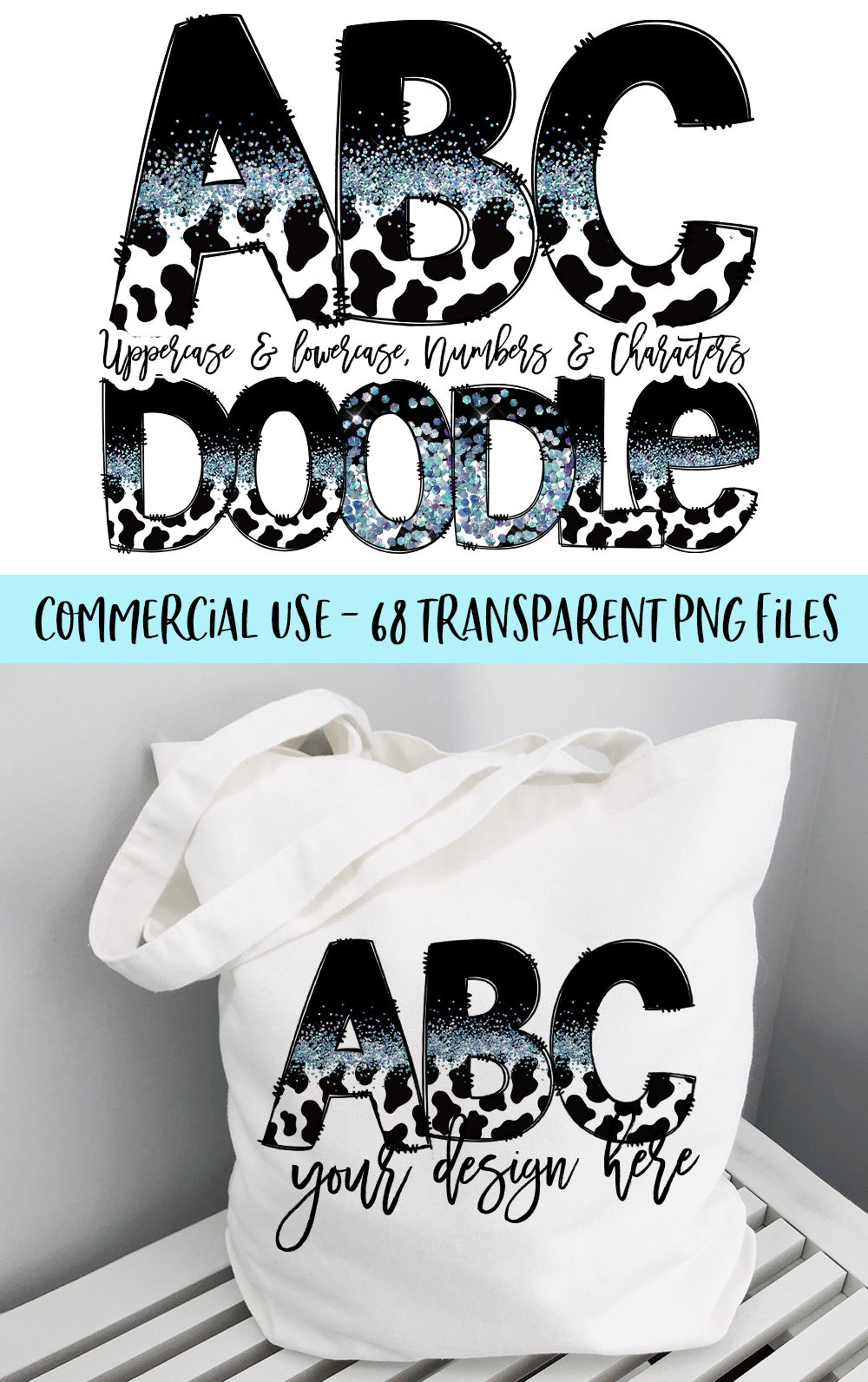 Doodle Font Cow Print Half Glitter Doodle Letters, Cow Hide Western ...