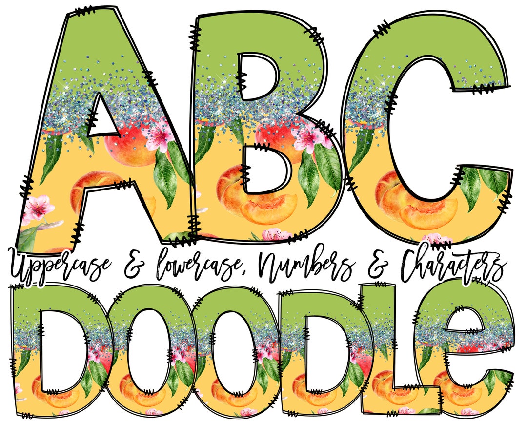 Doodle Font Green Peach Half Glitter, Doodle Letters PNG, Sublimation ...