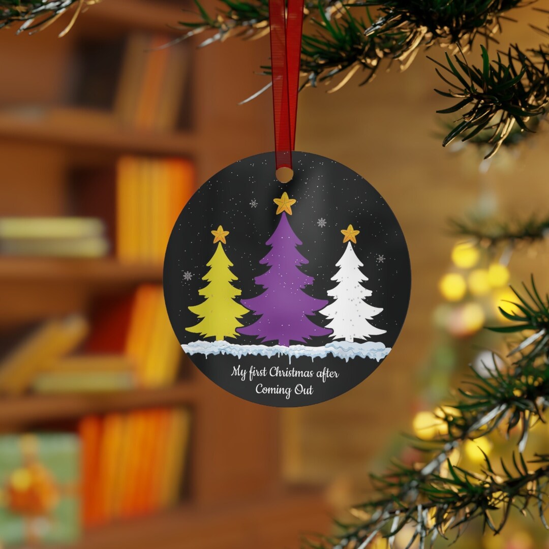 Nonbinary Christmas Ornament, Coming Out Enby Pride LGBTQ 2025 Holiday Decor, Xmas Tree Metal ...