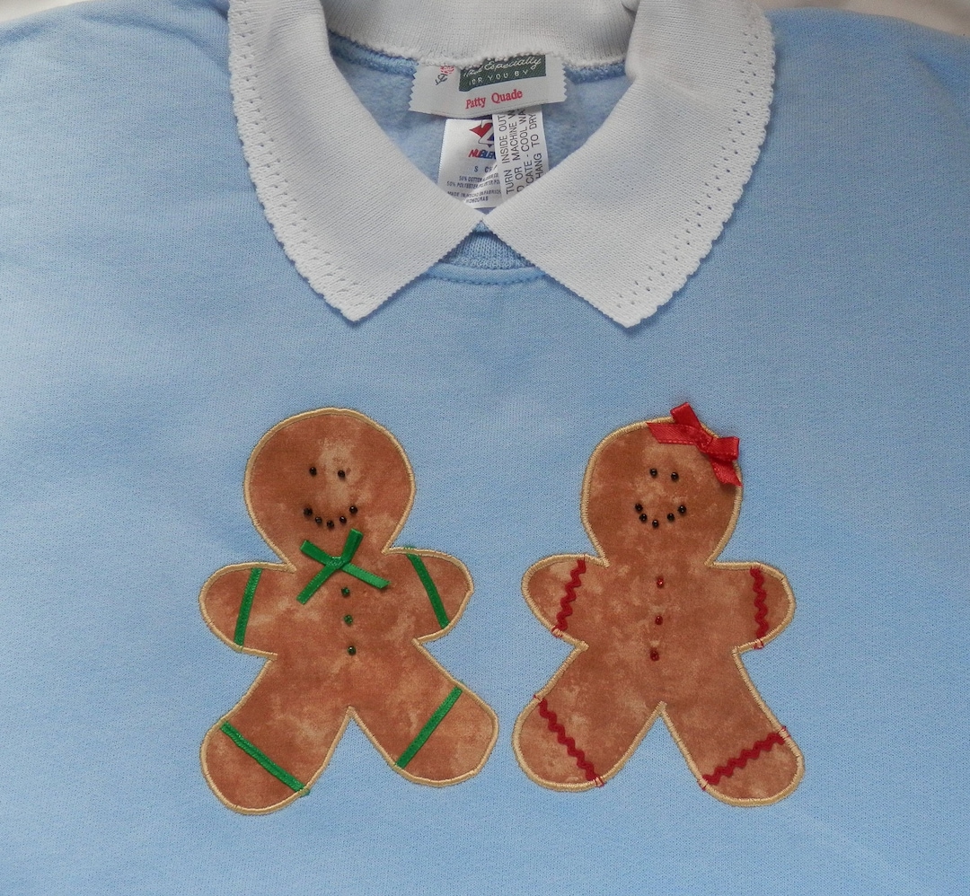 Appliqued Gingerbread Boy & Girl - Light Blue Sweatshirt With Navy ...