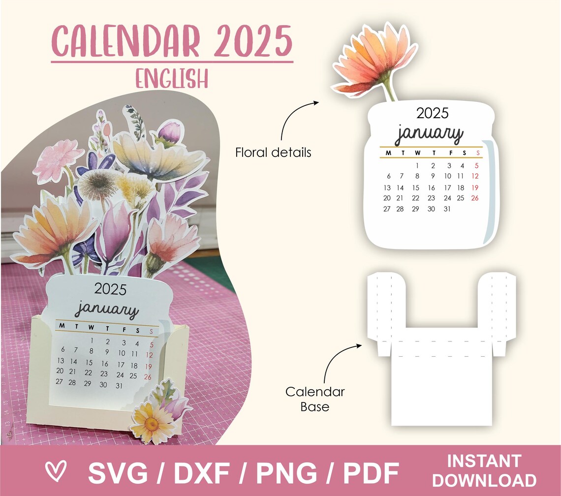 FLORAL CALENDAR 2025 English, DXF, Svg, Png, Pdf, Cutting and Assembly ...