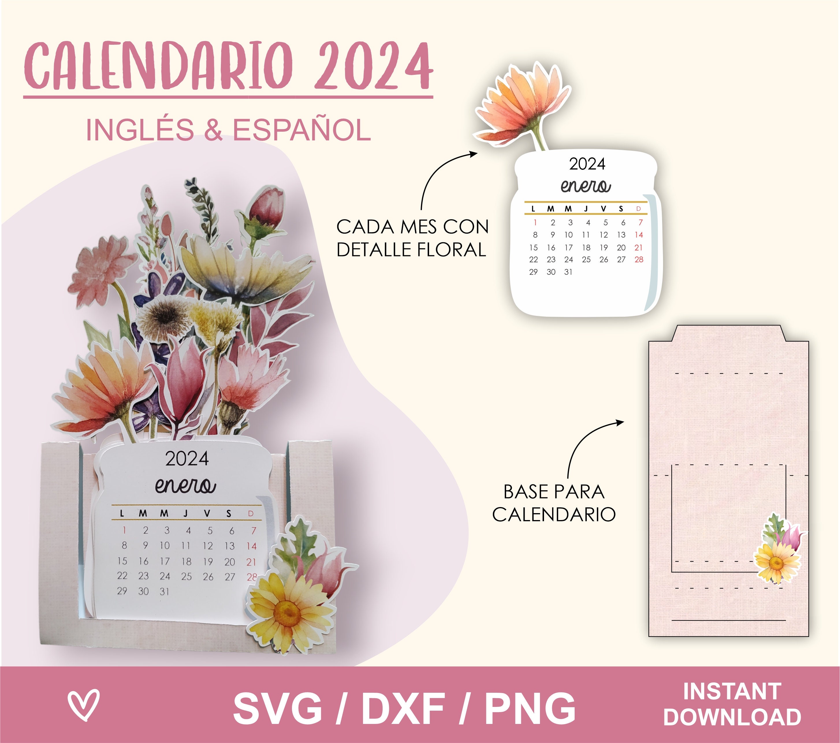 2024 Calendar, Calendar, SVG, Dxf, Cameo, Cricut, Scanncut, Flowers - Etsy