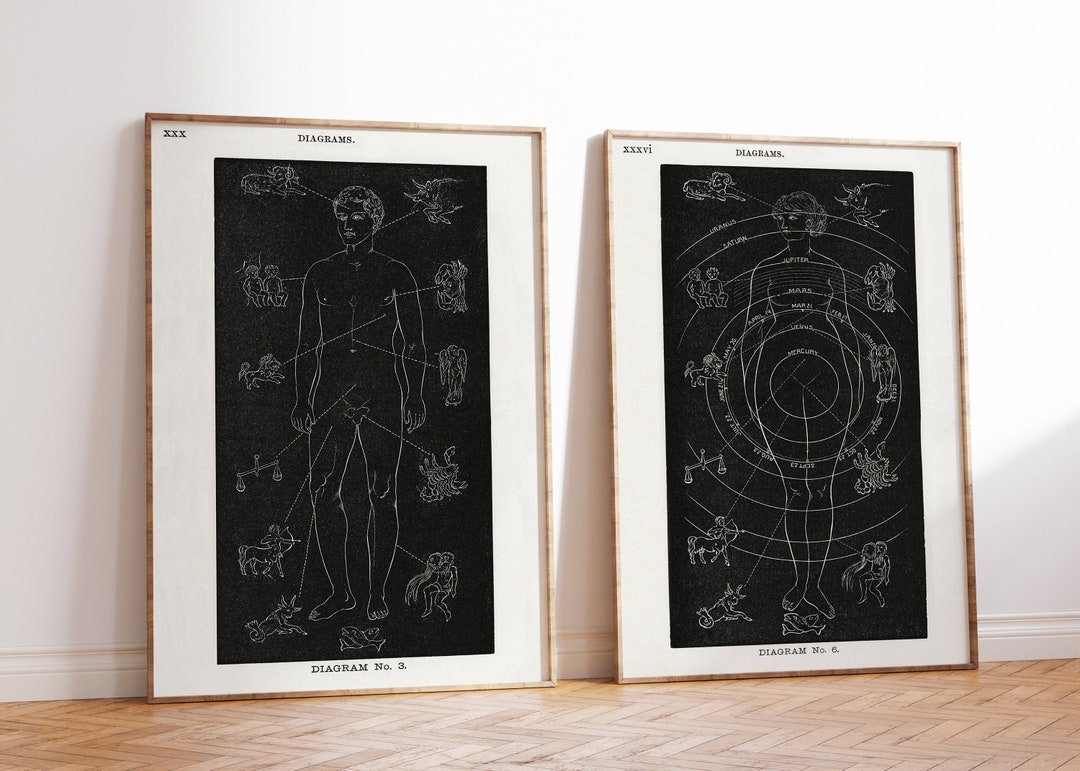 Set of 2 Star Sign Diagram Art Prints, Horoscope Art, Biology Print ...