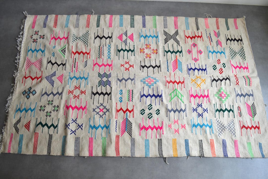 Moroccan Berber Kilim Hanbel Cream Multicolor Hand-woven Rug, Handmade ...