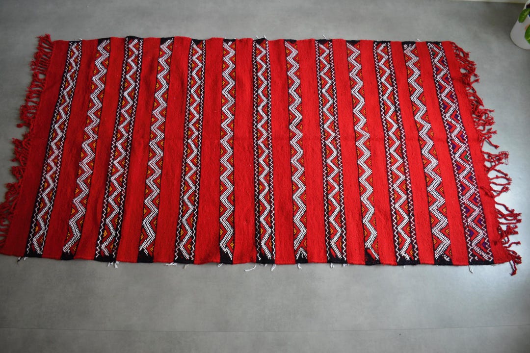 Moroccan Berber Kilim Hanbel Rug in Hand-woven Red Wool, Handmade ...
