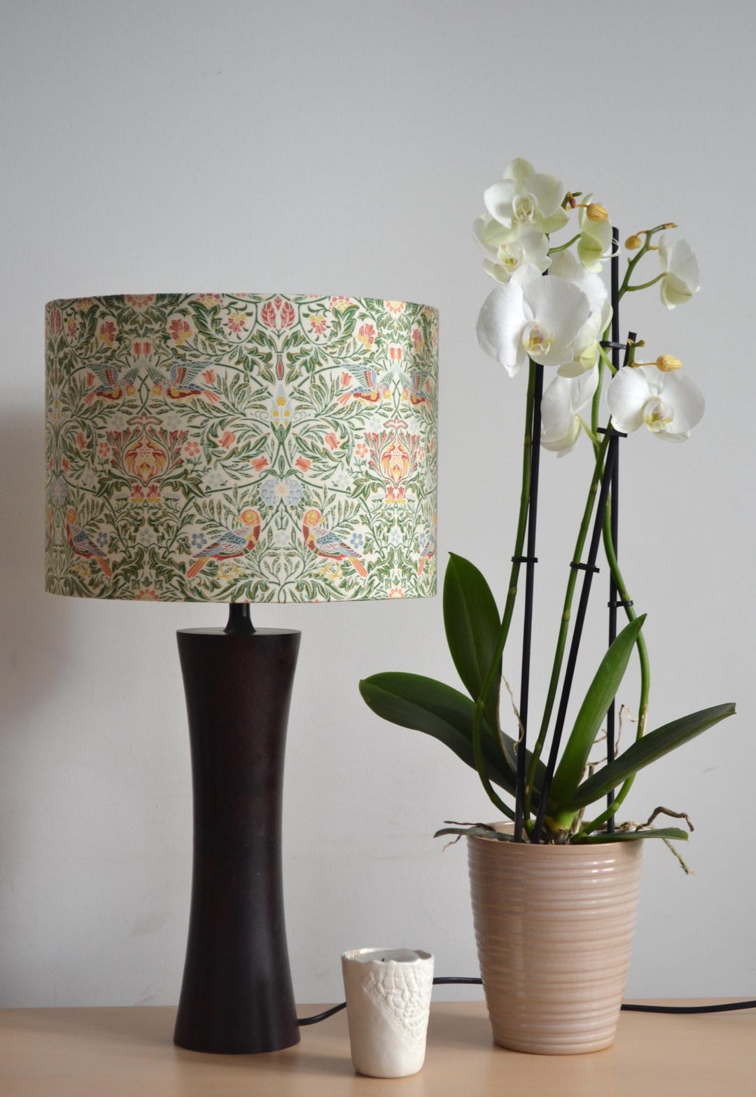 Round Lampshade in Green Cotton Fabric With Emery Walker Birds Pattern ...