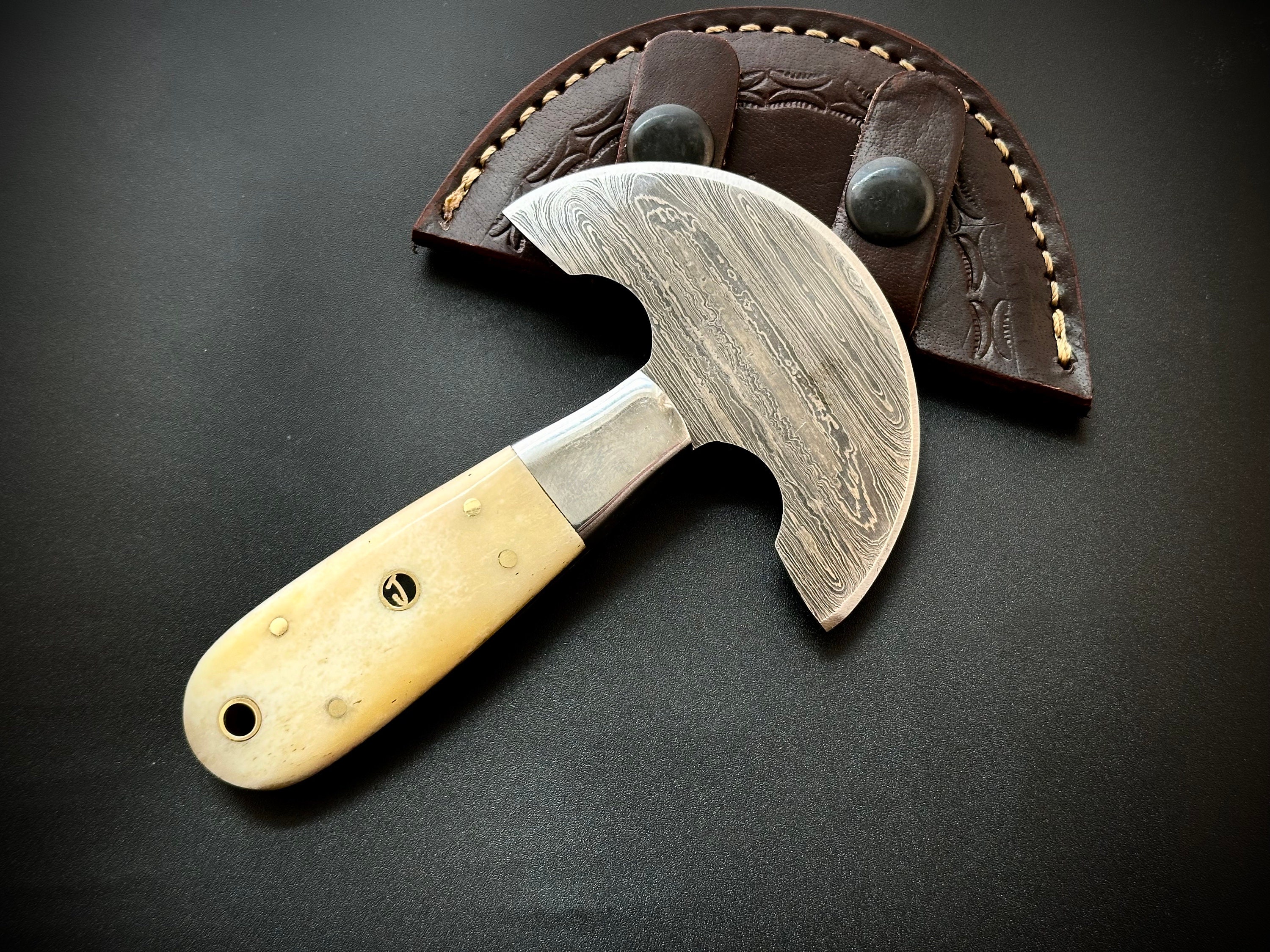 Handmade Damascus Steel Leather Cutter | Bone or Wood Handle | Round ...
