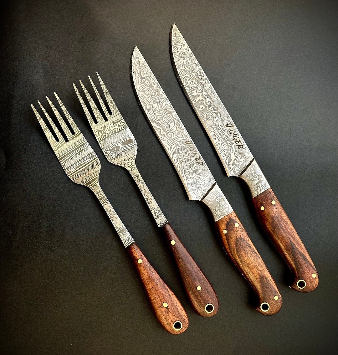 Handmade Damascus Steel Steak Set | Fork | Kitchen | Chef Gift | True ...