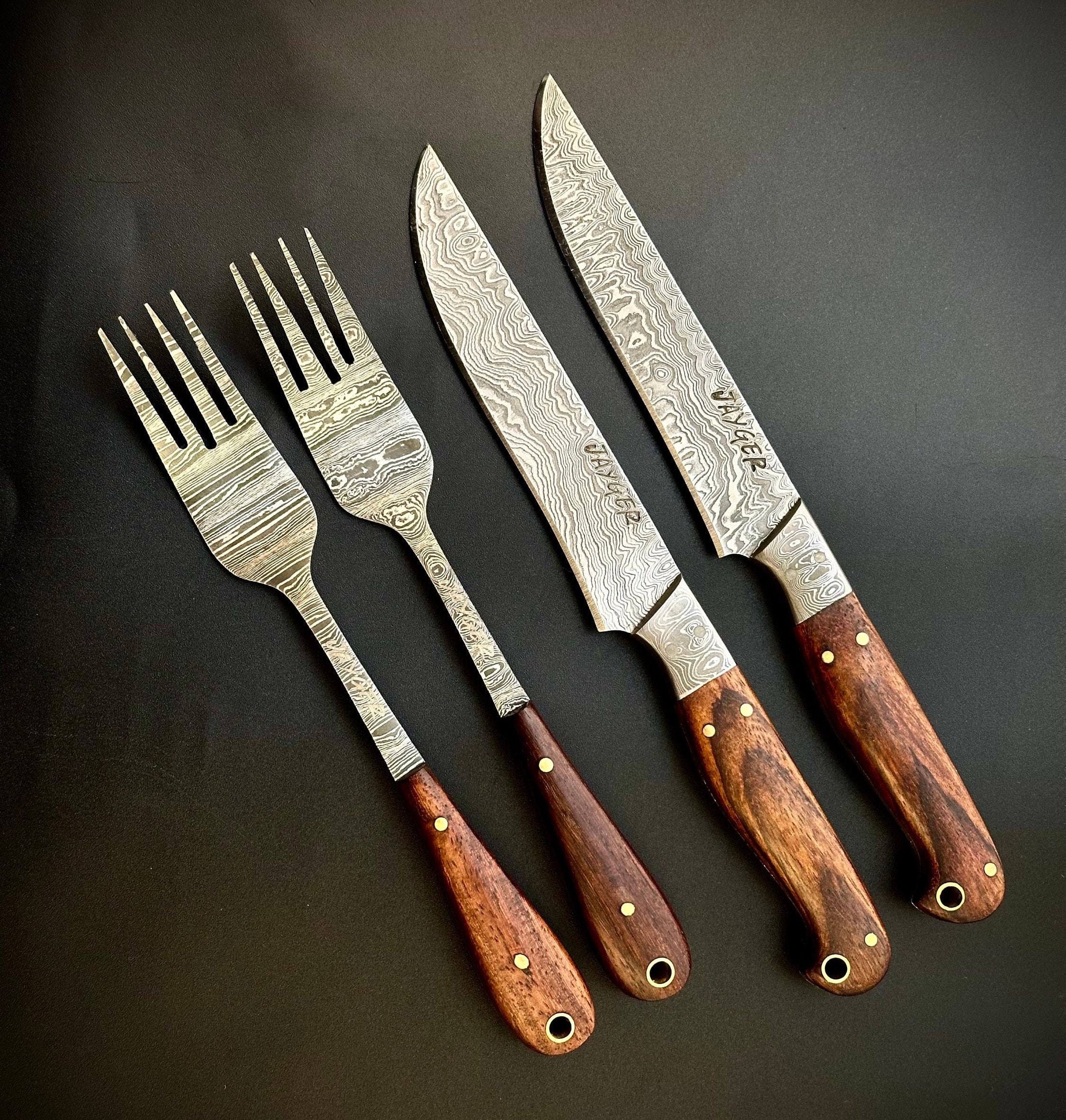 Handmade Damascus Steel Steak Set | Fork | Kitchen | Chef Gift | True Layers | Real Wood Handle ...