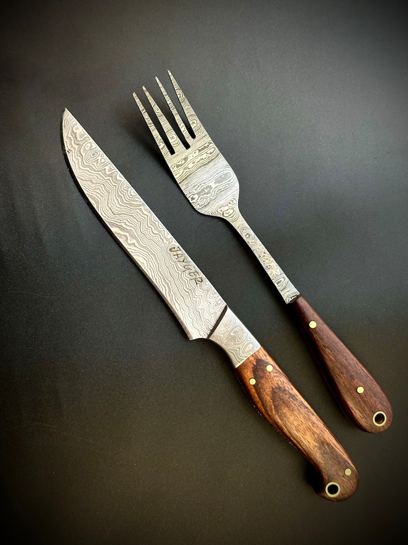 Handmade Damascus Steel Steak Set | Fork | Kitchen | Chef Gift | True ...