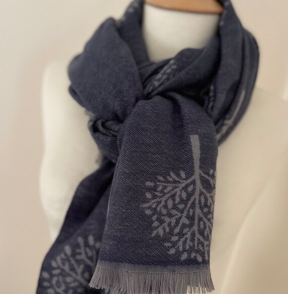 Tree of Life Print Scarf Reversible Soft Wool Navy Blue - Etsy UK
