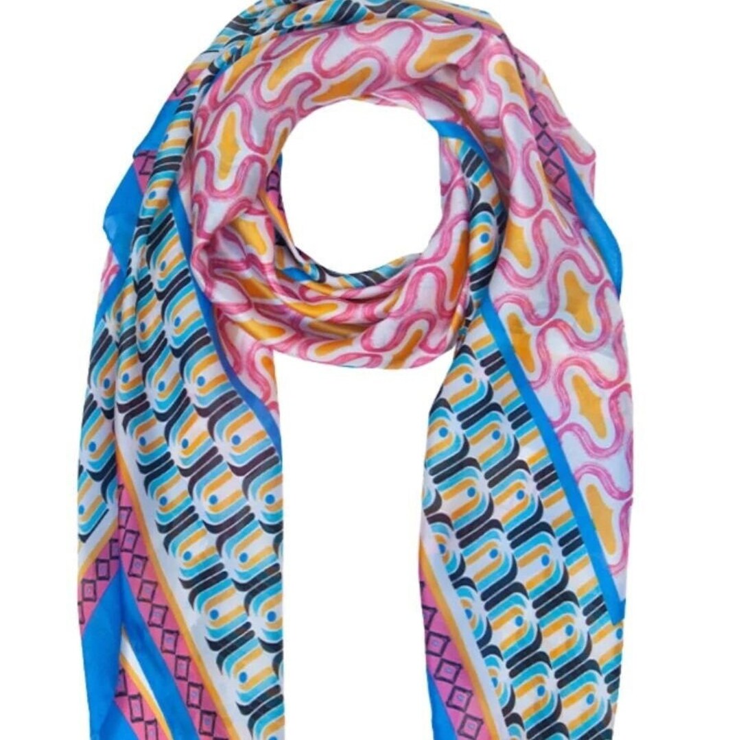 Royal Blue and Light Pink Geometric Print Faux Silk Scarf With Border ...