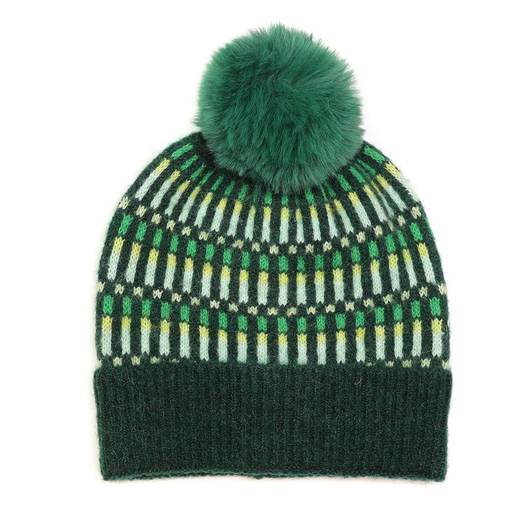 Bobble Hat Green Intermittent Stripes With Faux Fur Bobble Pompom ...