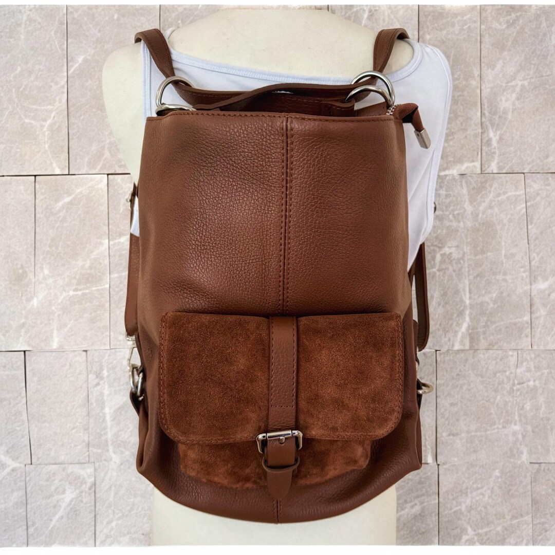Leather and Suede Backpack Convertible to Shoulder Bag in Brown Grained ...
