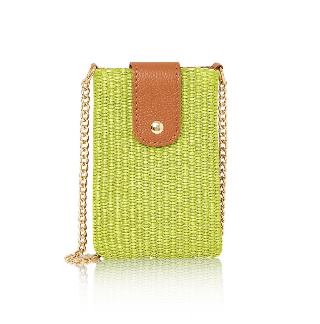 Lime - Woven Straw Phone Bag With Gold Chain Strap and Leather ...
