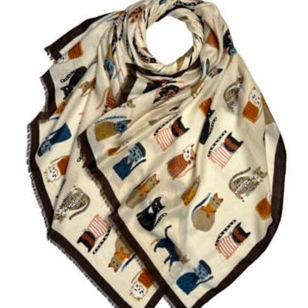 Fun Cats Print Scarf With Fringe Edging Mocha Colour - Etsy