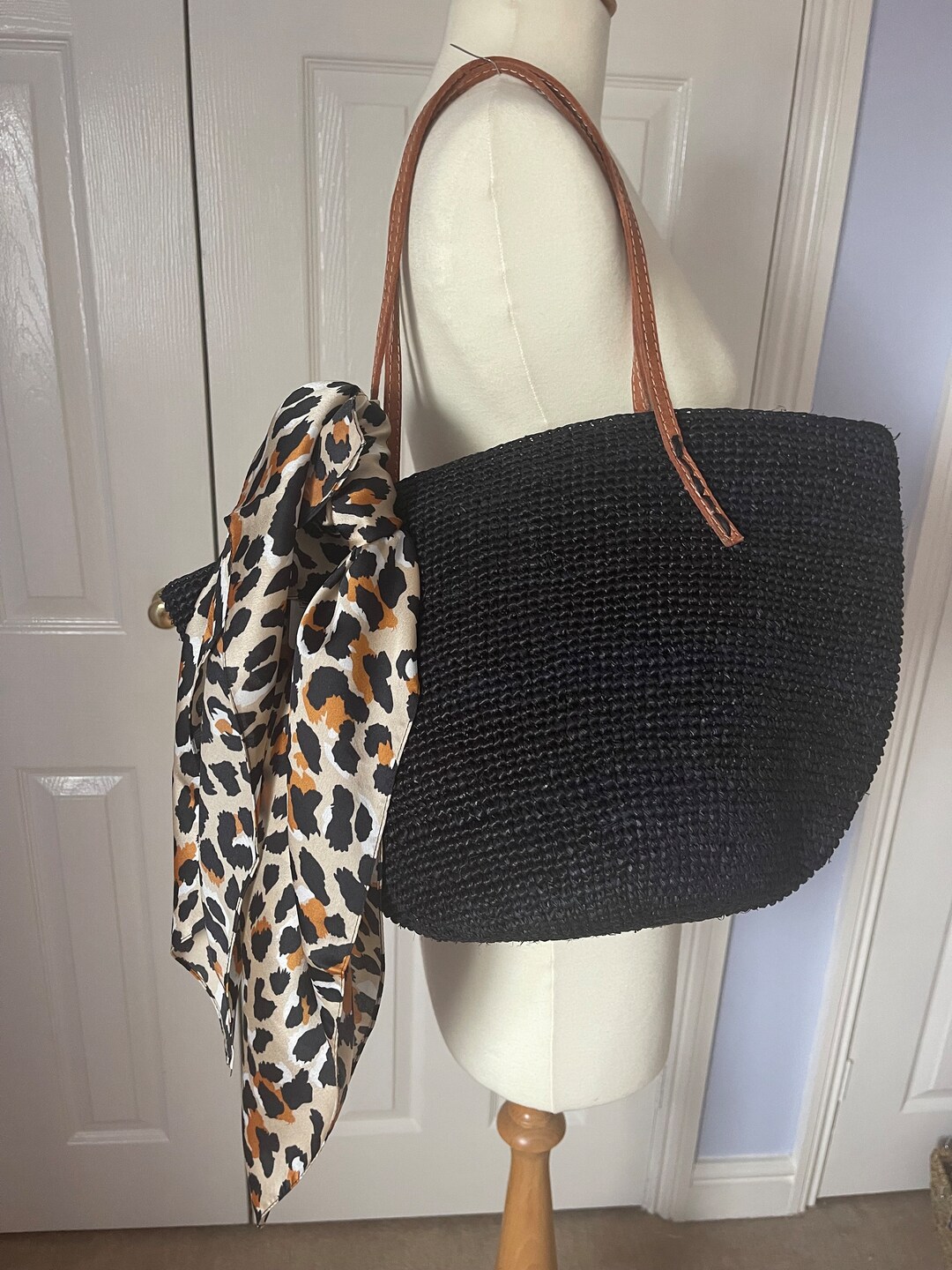 Crochet Drawstring Baskets With Leather Handles BLACK for Your Capsule ...