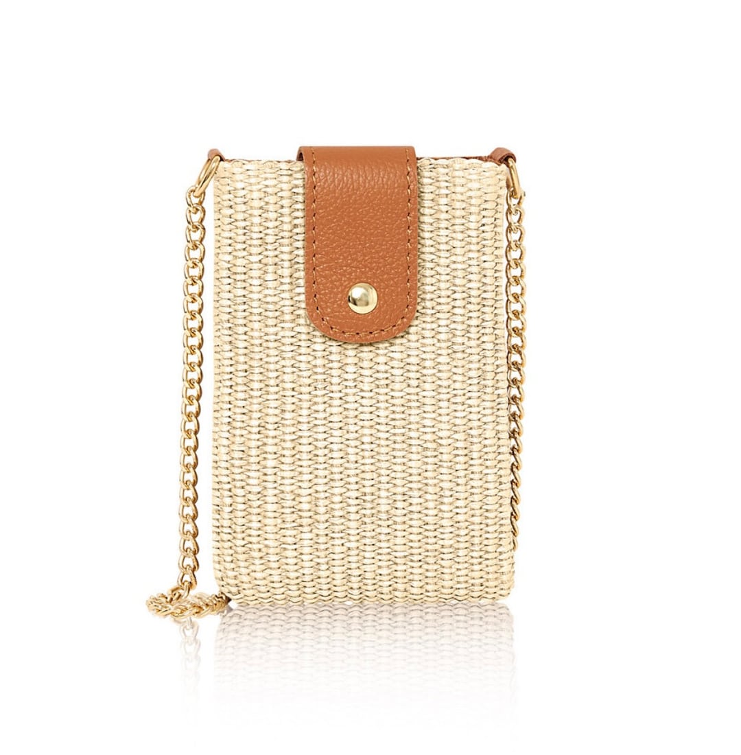 Woven Straw Phone Bag With Gold Chain Strap and Leather Fastening ...