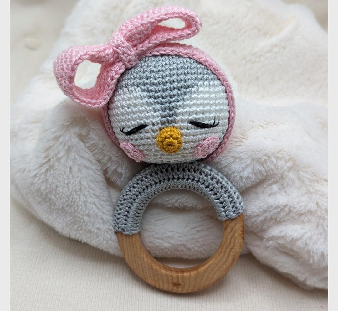 Personalized Baby Rattle, Baby Grasping Toy,crochet Penguin Rattle ...