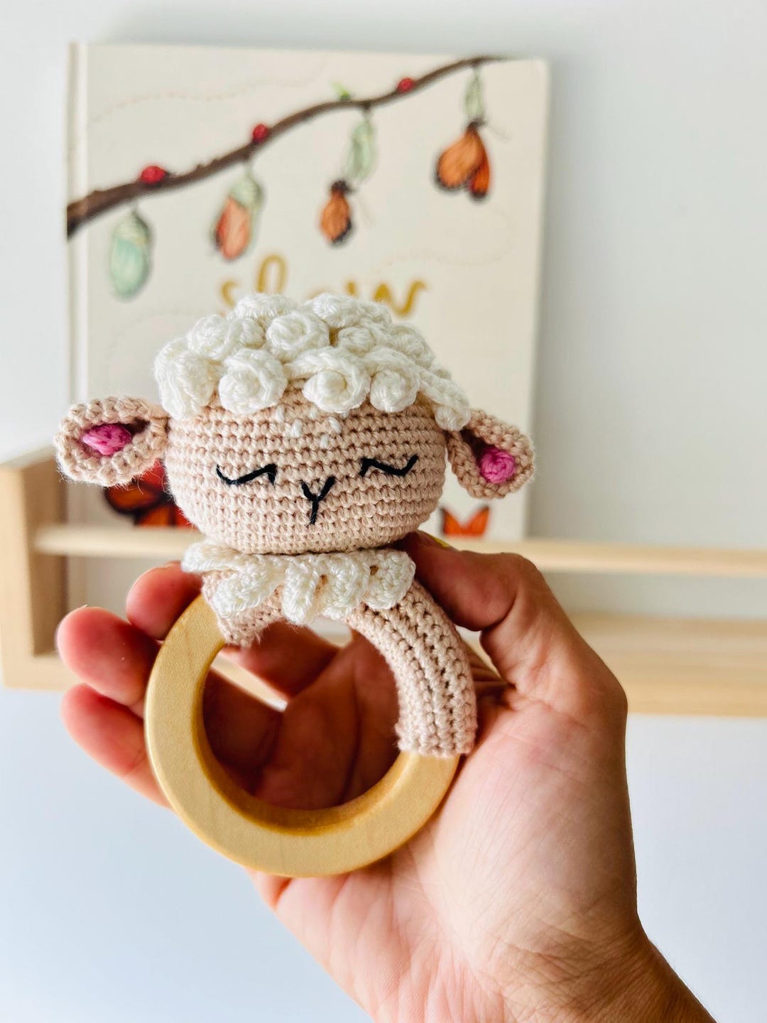 Personalized Crochet Lamb Baby Rattle Teether – Handmade Organic Cotton ...