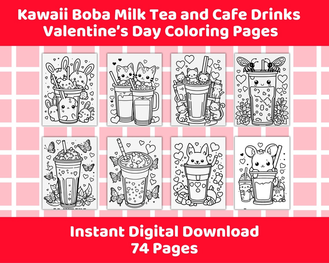 Valentine's Day Kawaii Boba Milk Tea and Drinks Coloring Pages ...