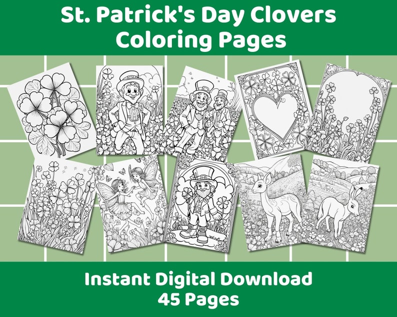 St. Patricks Day Clovers Coloring Page Set, Instant Download, Saint ...