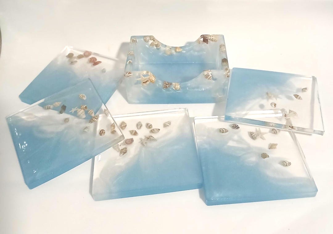 6 Piece Coasters Set With Holder Also Include Real Seashells - Etsy