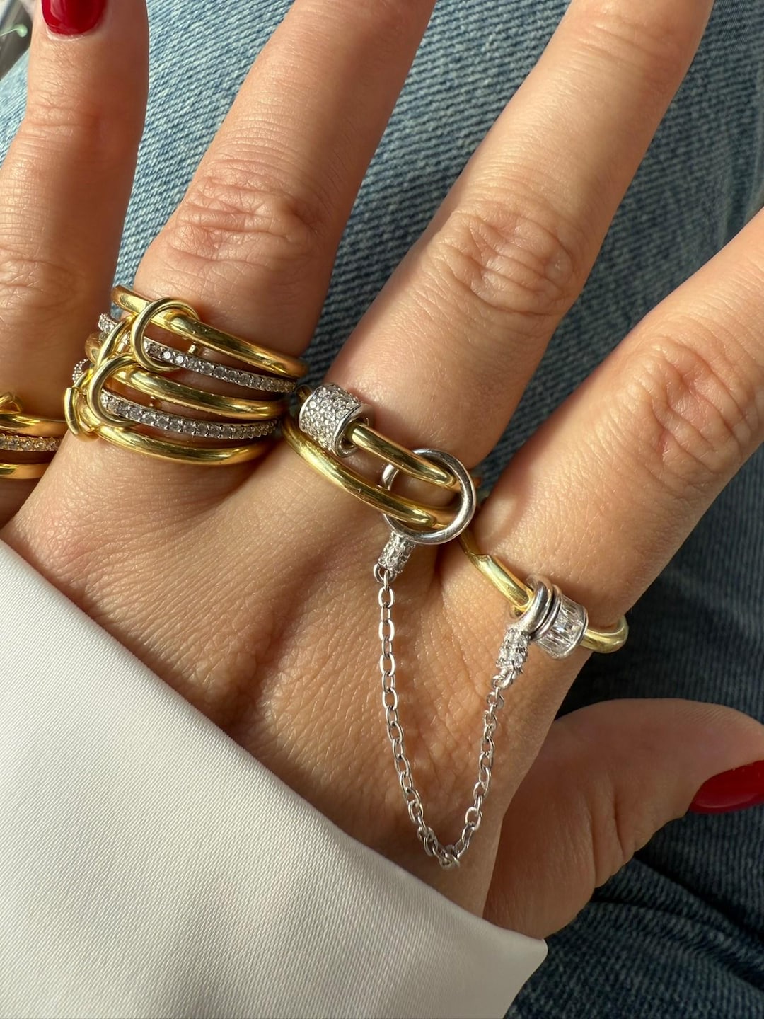 Adjustable Triple Ring With Chain, Double Ring With Chain, Two Tone Ring,statement Ring, Chunky ...