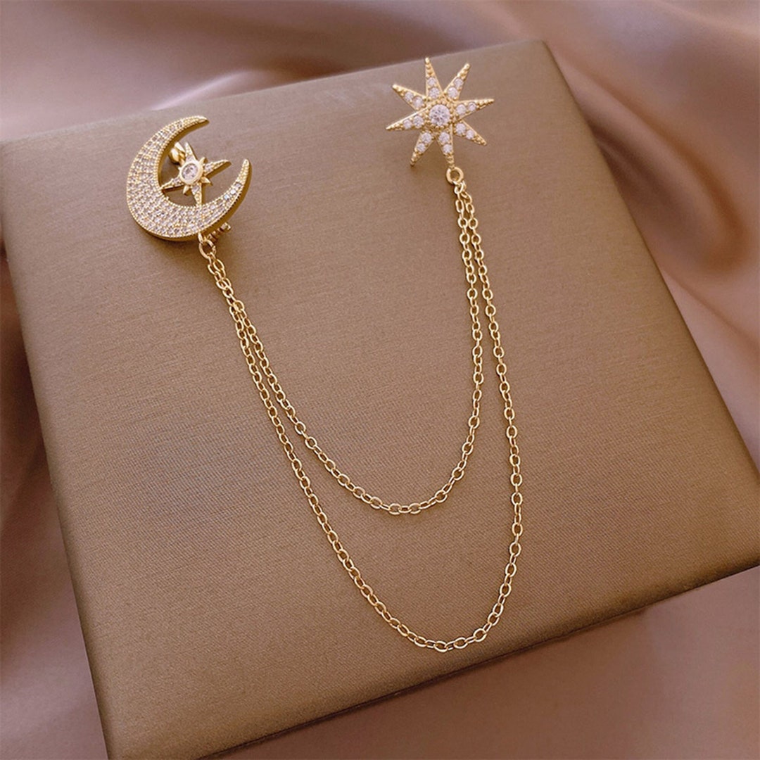 Star & Moon Chain Brooch, Rhinestone Tassel Chain Collar Clip, Goth ...