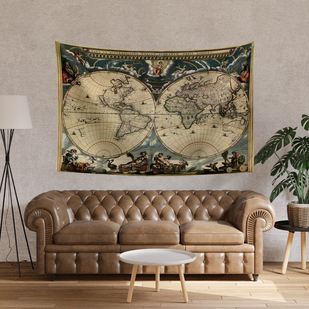 Antique Map Tapestry Vintage Lavoie Map of the World by Blaeu 1684 ...