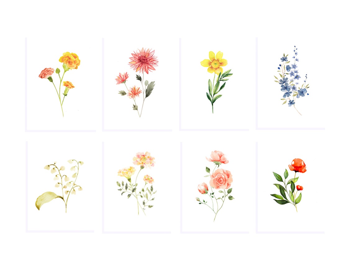Botanical Gallery Wall Art Set of 8 Prints, 5x7 Flower Painting Set ...